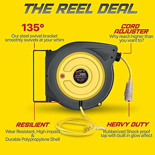 ReelWorks Extension Cord Reel Retractable 14AWG x 50' Foot 3C/SJTOW Gl ...