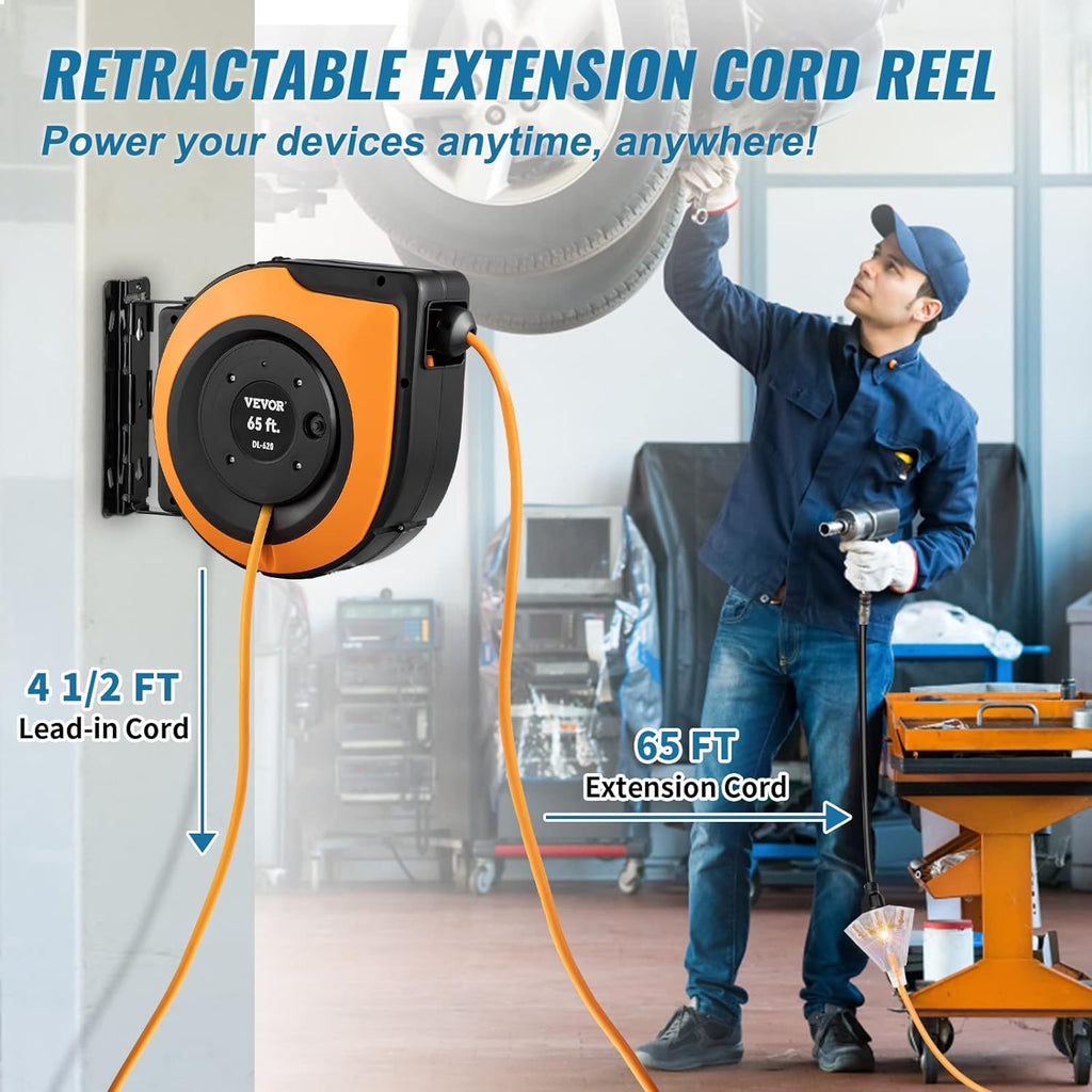 VEVOR Retractable Extension Cord, 65 FT, 12AWG, 3x Outlets, 15A, DL-62 ...
