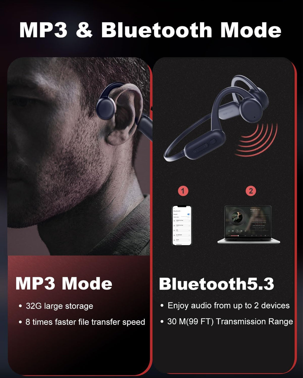 FEICO PRO MAX BONE CONDUCTION HEADPHONES BUILT-IN MP3 PLAYER 32GB MEMO ...