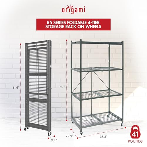 ORIGAMI 4 TIER FOLDING SHELVES STORAGE SHELVING RACK UNIT WITH WHEELS ...