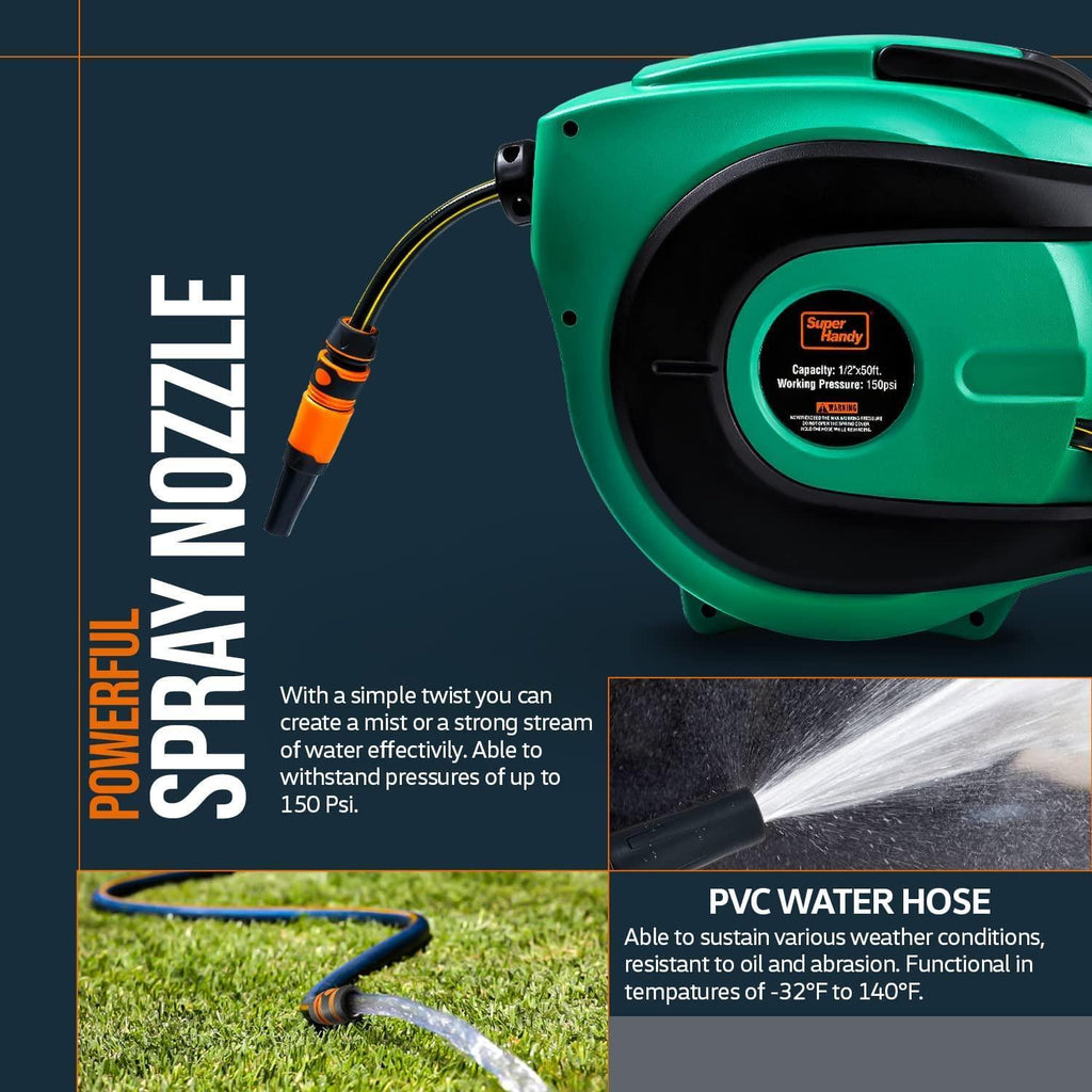 SuperHandy Mountable Retractable Water Hose Reel - 1/2" x 50' Ft, 3/4 ...
